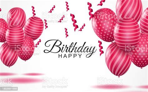 생일 우아한 인사말 카드 분홍색 공기 풍선과 흰색 배경에 떨어지는 색종이 휴일 축하 벡터 일러스트 예술 리얼리즘 아름다운 배너 3차원 형태에 대한 스톡 벡터 아트 및 기타