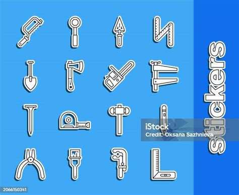 선 설정 모서리 눈금자 지우개와 연필 클램프 도구 흙손 나무 도끼 삽 쇠톱 및 전기 톱 아이콘 벡터 갈고리 발톱에 대한 스톡