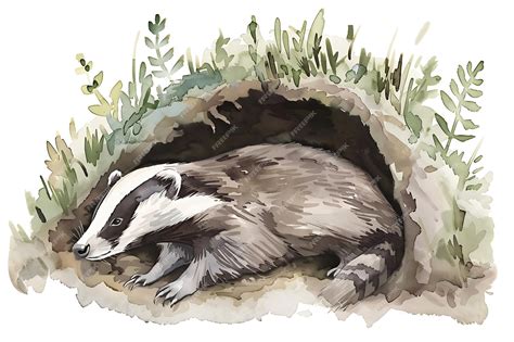 Watercolor Illustration Of A Badger In Its Burrow Premium Ai
