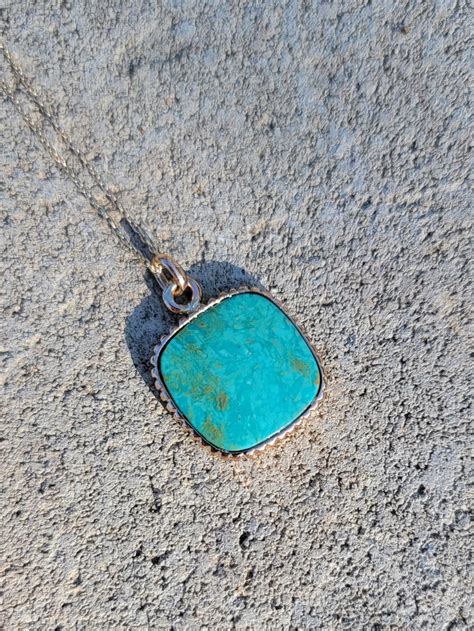 14k Yellow Gold Turquoise Bezel Necklace Pendant Rambling Rose