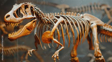 Dinosaur Skeleton Fossil Display In A Museum Exhibit Featuring
