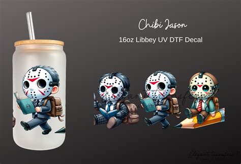 Chibi Jason Wrap [uv Dtf 16oz Libbey Glass Can] Ready To Apply P Elegant Transfers