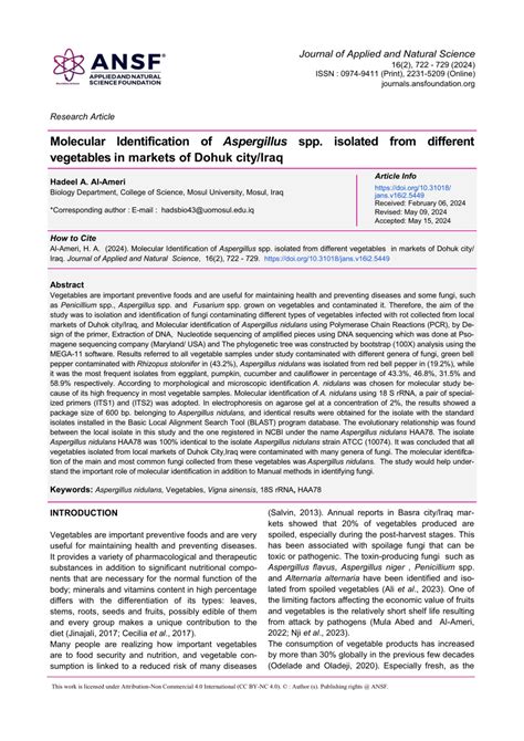 Pdf Molecular Identification Of Aspergillus Spp Isolated From