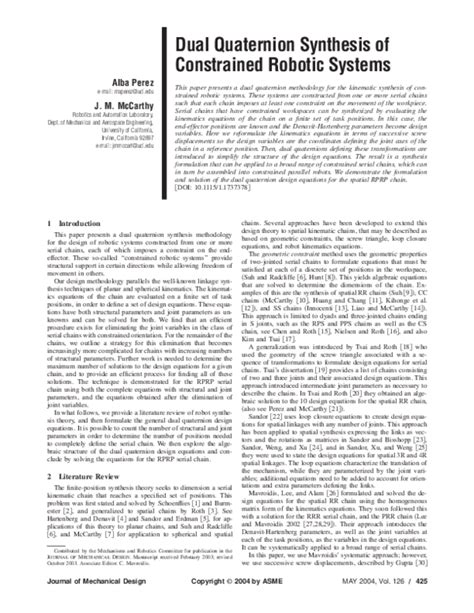 Pdf Dual Quaternion Synthesis Of Constrained Robotic Systems
