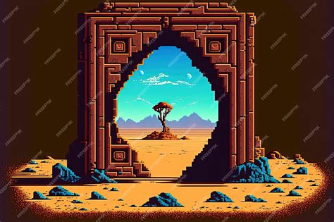 Portal Mágico De Pixel Art En El Portal Del Desierto Al Fondo De La Dimensión De Fantasía Para