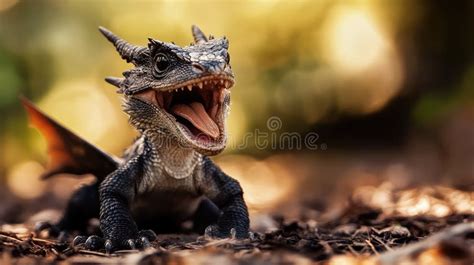 A Playful Dragon Cub Happily Roaring In A Forest During Golden Hour