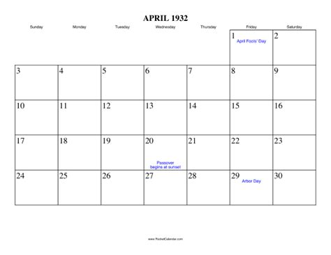 April 1932 Calendar