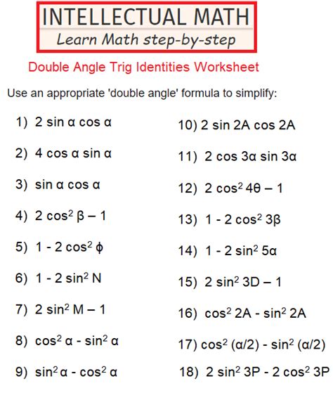 Use Double Angle Formula To Find Exact Value Worksheet
