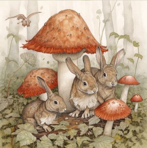 Whimsical Bunny Art Three Rabbits And A Mushroom