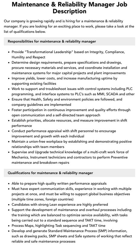 Maintenance And Reliability Manager Job Description Velvet Jobs