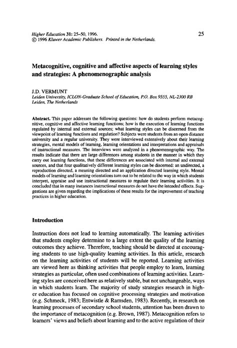 Pdf Metacognitive Cognitive And Affective Aspects Of Learning Styles