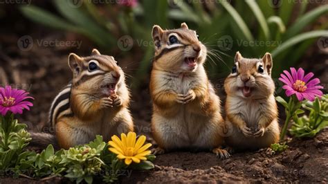 Three Chipmunks Sitting Among Flowers Appearing Playful And Curious