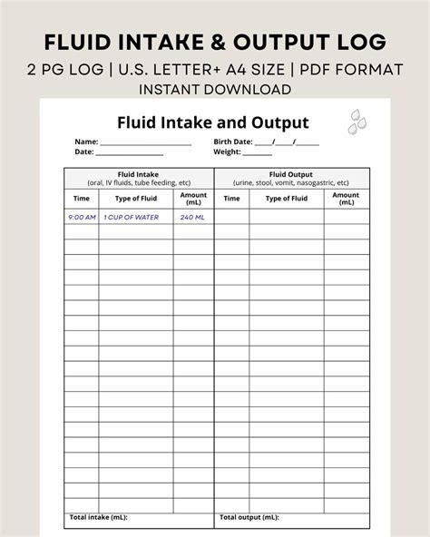 Printable Fluid Intake And Output Log Intake And Output Record Fluid