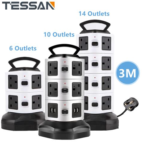 3 Pin Uk Plug Vertical Power Strip Tower 3m Extension Cord With 4 Usb