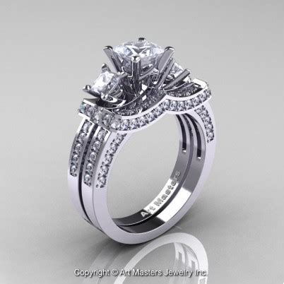 French 14k White Gold Three Stone Princess Cz Diamond Engagement Ring