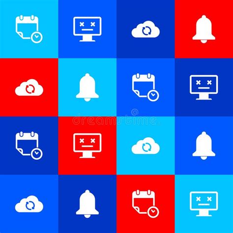 Set Calendar And Clock Dead Monitor Cloud Sync Refresh And Ringing Bell Icon Vector Stock