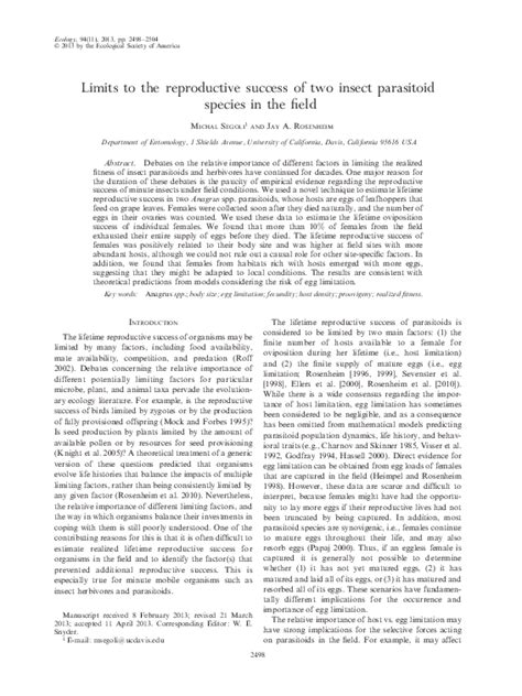 Pdf Limits To The Reproductive Success Of Two Insect Parasitoid