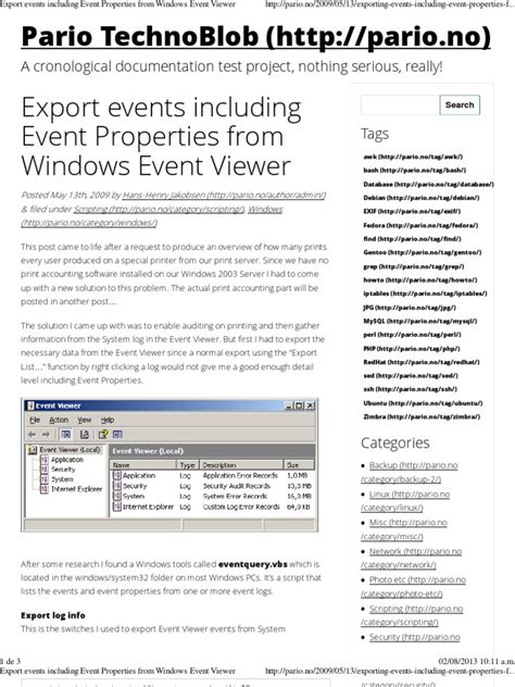 export events including event properties from windows event viewer