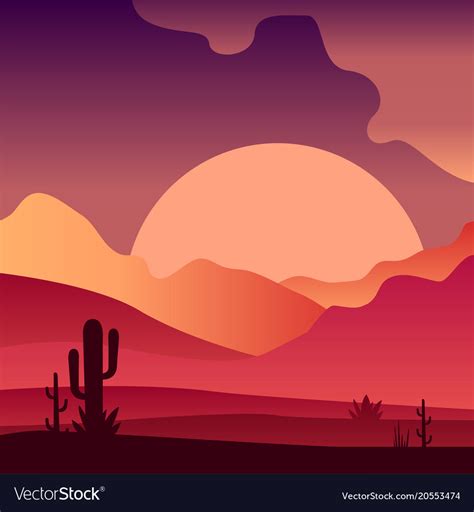 View On Sunset In Sandy Desert Landscape Vector Image