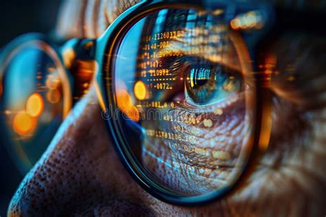 Close Up Portrait Of Software Engineer S Eyeglasses Looking At Computer