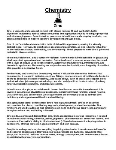 Chemistry Zinc Article And Questions” Assignment Teaching Resources