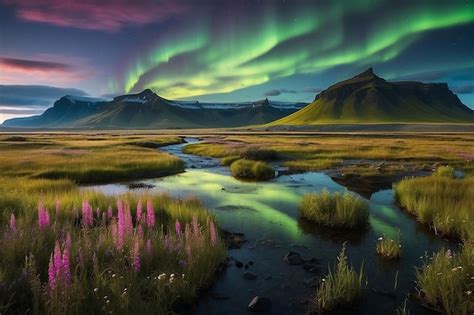 Premium Photo The Northern Light Over The Marsh Landscape With