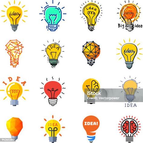 전구 생각 벡터 전구 아이콘 솔루션 이상적으로 브레인 스토밍 및 전기 조명 에너지 램프 그림 설정 사업 이상적인 뇌 흰색 배경에