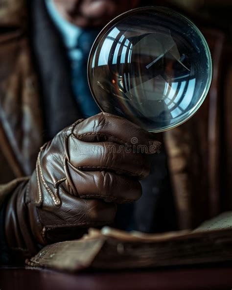 Close Up Of A Detective S Gloved Hand Holding A Magnifying Glass Over A