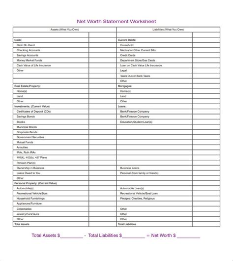 √ Personal Net Worth Statement Template
