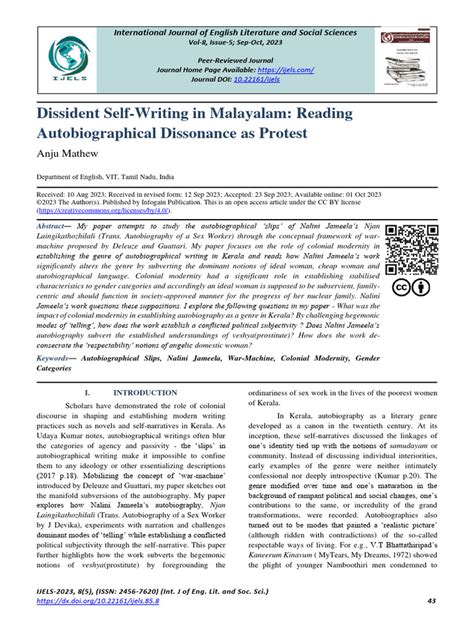 Dissident Self Writing In Malayalam Reading Autobiographical