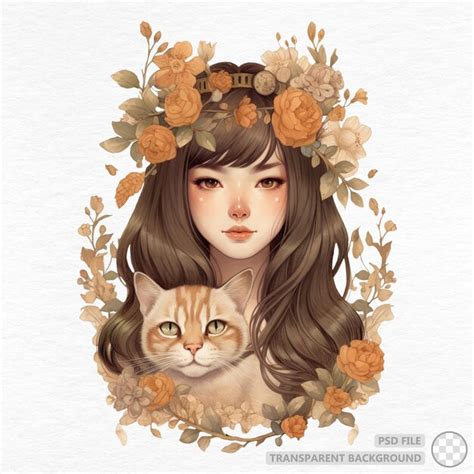 Premium Psd Beautiful Girl With Flowers And Cute Cat
