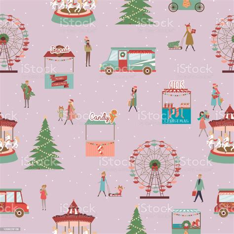 Seamless Pattern With Winter Landscape Christmas Market And Walking