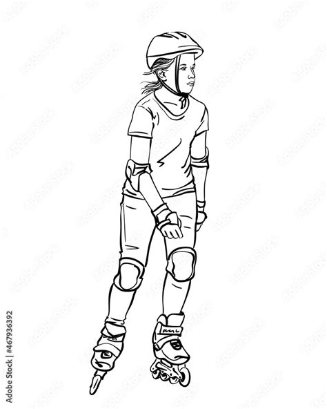 Sketch Of Teenage Girl On Rollers Skating Isolated On White Background