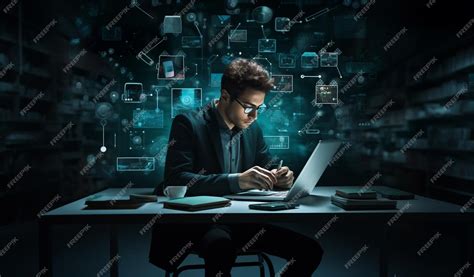 Premium Photo Business Man Among Symbols On Touch Screen Interface Digital Transformation