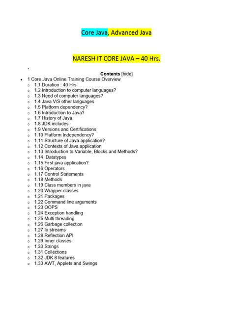 Naresh It Core Java And Adv Java Syllabus Pdf Class Computer