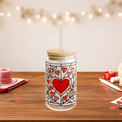 Red Heart Stained Glass Glass Cup With Bamboo Lid Straw Valentines