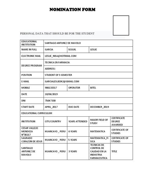 Student Nomination Form For The Degree Program In Pharmacy Technology Pdf