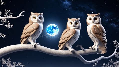 Three Owls Observe From A Branch On A Full Moon Night Stock