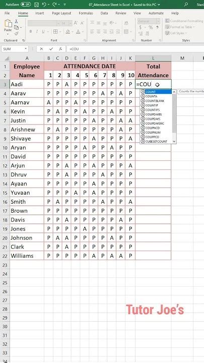 creating an attendance sheet using countif in excel tutor joes youtube