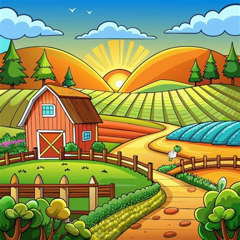 Uma Ilustração Colorida De Uma Fazenda Com Um Celeiro E Uma Fazenda No