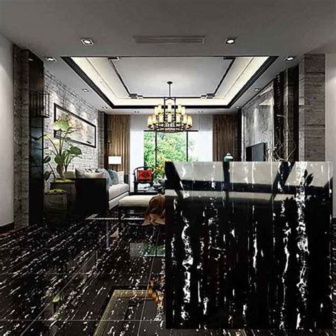 Living Room With Black Floor Tiles
