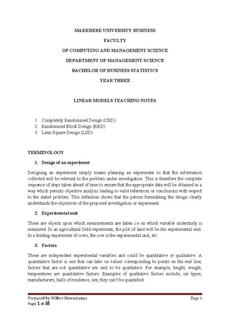 Linear Models Notes MAKERERE UNIVERSITY BUSINESS FACULTY OF COMPUTING AND MANAGEMENT SCIENCE
