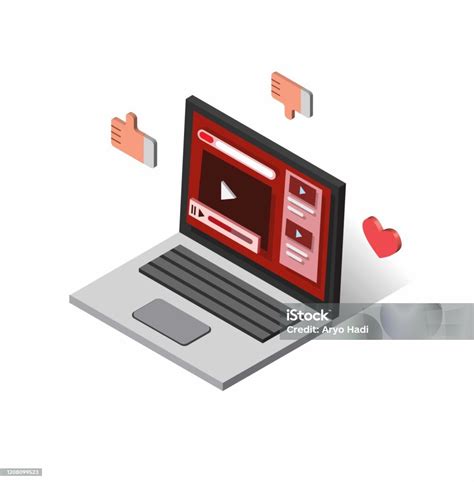 흰색 배경에서 격리 된 아이소 메트릭 플랫 일러스트 벡터에서 사랑의 Tumbs 위아래 아이콘비디오 스트리밍 웹 사이트와 노트북