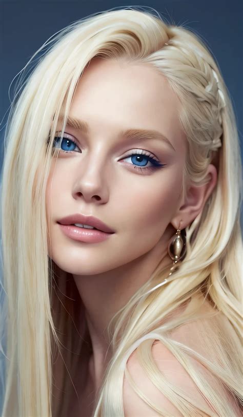A Woman With Long Blonde Hair And Blue Eyes Posing For A Picture