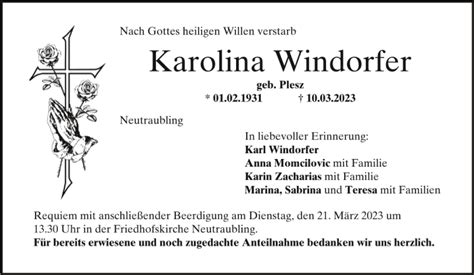Traueranzeigen Von Karolina Windorfer Mittelbayerische Trauer