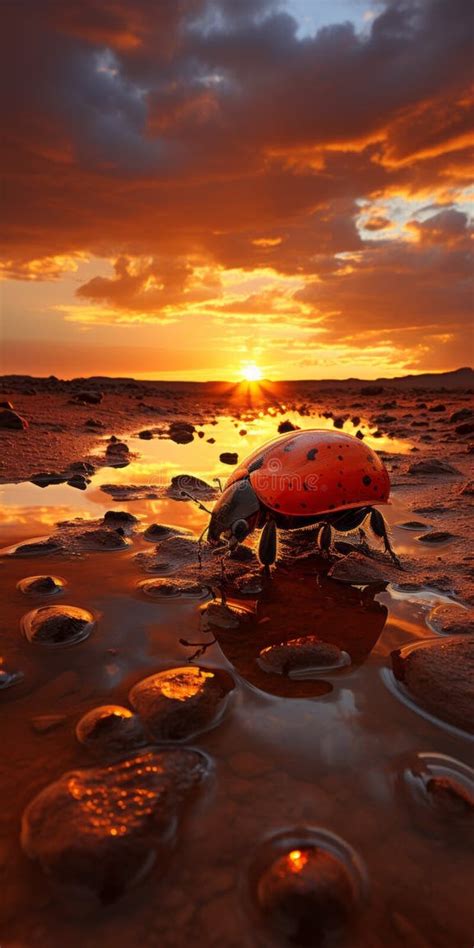 Sunset Ladybug A Photo Realistic Landscape In The Style Of Mars Ravelo Stock Illustration