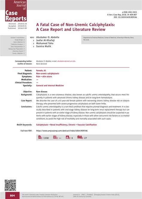 Pdf A Fatal Case Of Non Uremic Calciphylaxis A Case Report And
