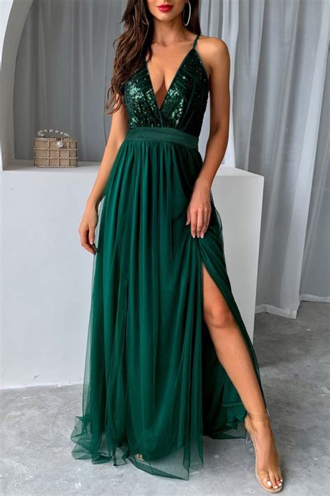 Wholesale Ink Green Sexy Formal Patchwork Sequins Backless Slit