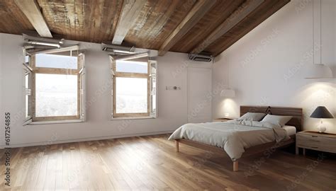 Open Plan Empty Master Bedroom With Parquet Floors Wooden Beams And
