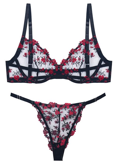 Ausing Womens Lace Bralettes Mesh V Neck Bra And Panty Sets Push Up